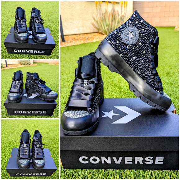 Converse | Shoes | New Custom Black Lugged Hand Embellished Converse ...